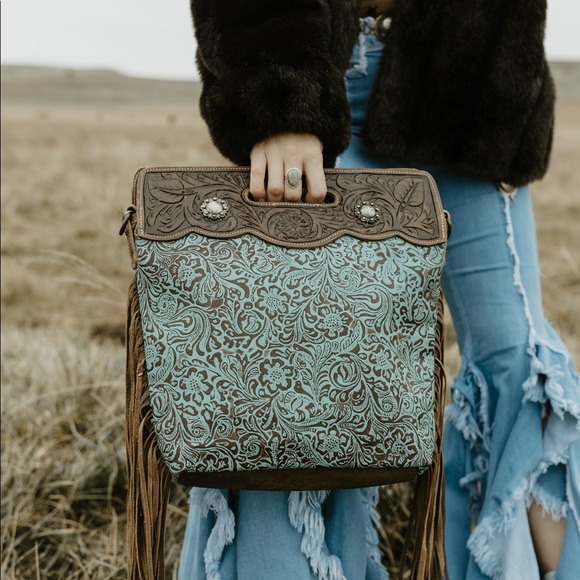 Bags | Tooled Leather And Turquoise Embossed Fringe Purse | Poshmark